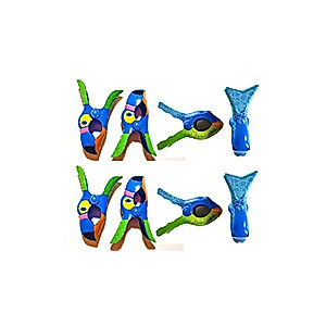 4 Set (8 Ct) 2X Blue Toucan / 2X Bubble Fish Beach Towel Clips Jumbo Size for Beach Chair, Cruise Beach Patio, Pool Accessories for Chairs, Household Clip, Baby Stroller