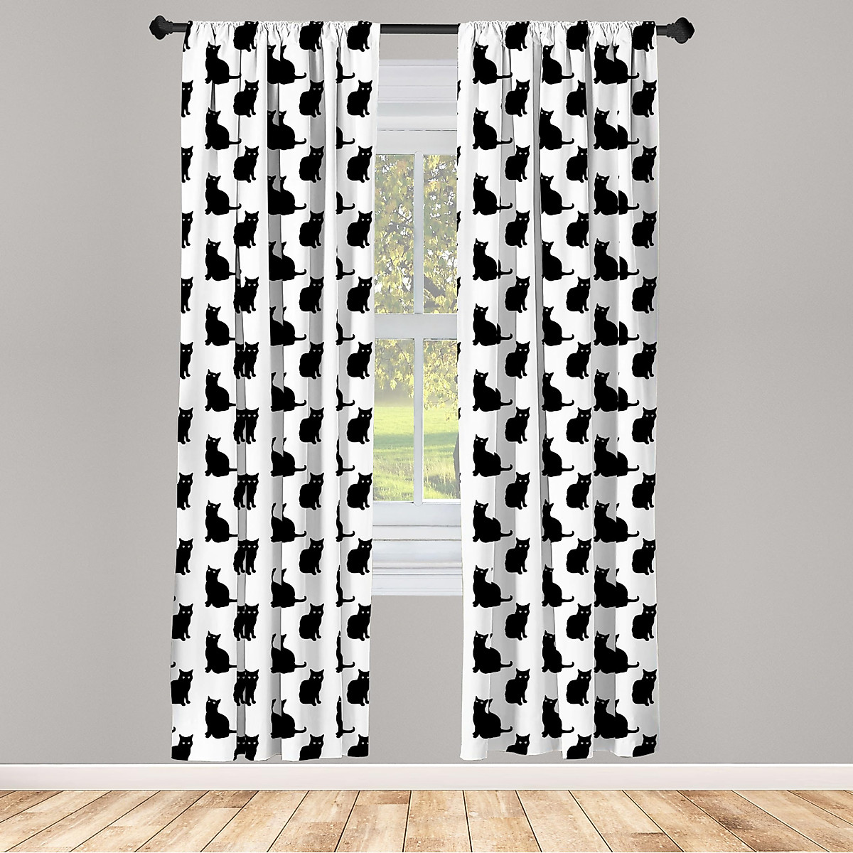 Ambesonne Cat Curtains, Black Cat on White Backdrop Playful Friendly Animals Posing Domestic Pets, Window Treatments 2 Panel Set for Living Room Bedroom, Pair of - 28" x 63", Black White