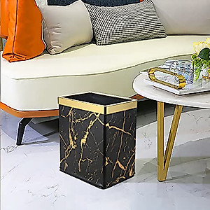 Huaqinglian Small Office Trash can Bedroom Wastebasket,Rectangle Slim Bathroom Kitchen Garbage can 2.6Gallon(Black Gold Marble)