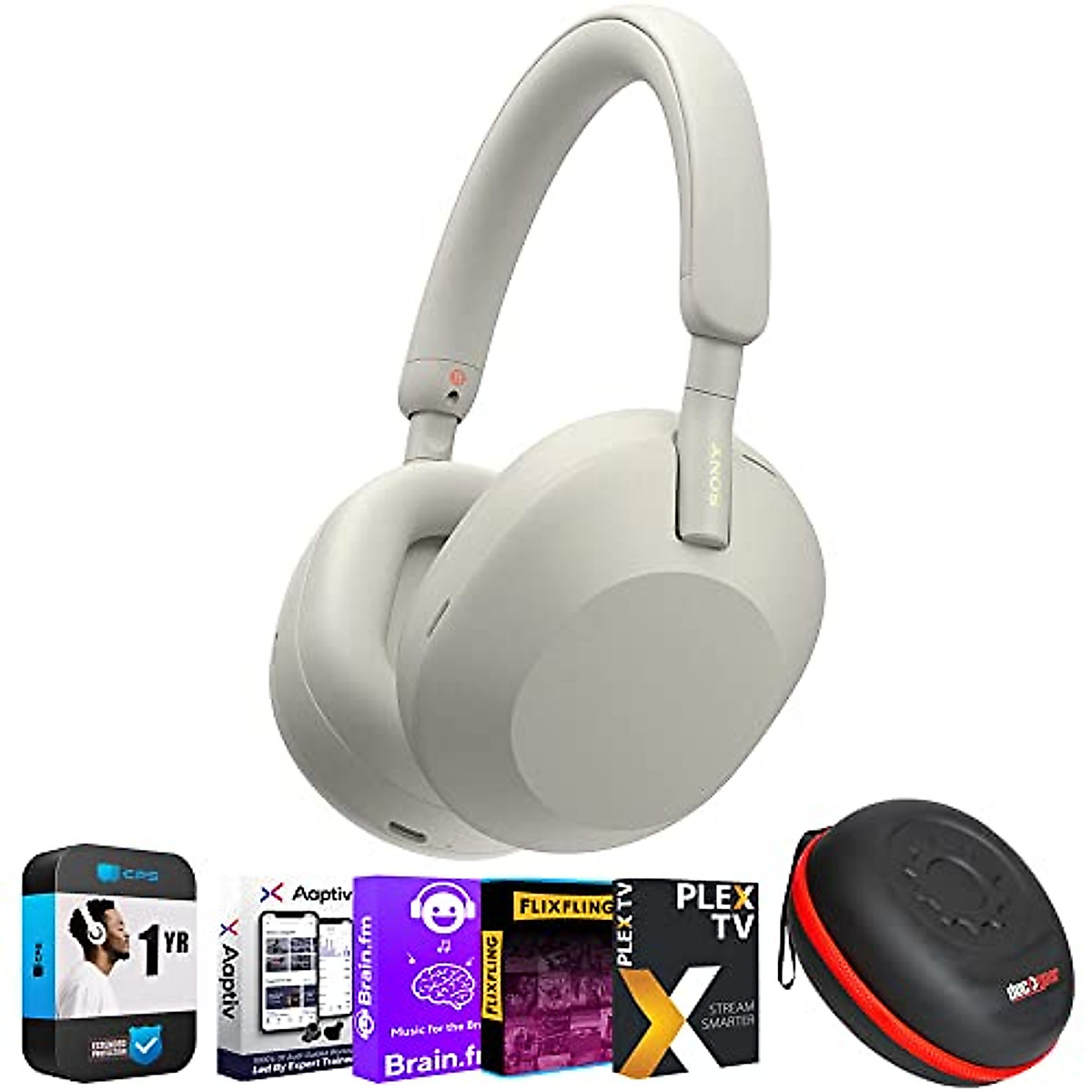 Sony WH1000XM5/S Wireless Industry Leading Noise Canceling Headphones, Silver Bundle with Premium 2 YR CPS Enhanced Protection Pack, Deco Gear Headphone Case and Audio Entertainment Essentials Bundle