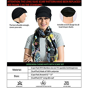 JarseHera Chemo Hats for Women Bamboo Cotton Lined Newsboy Caps with Scarf Double Loop Headwear for Cancer Hair Loss (2 Pair,Black+Light Gray)