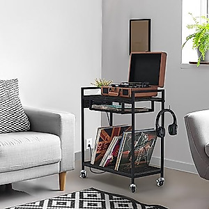 Black Record Player Stand Turntable Stand with Vinyl Storage Wooden Record Player Table with Charging Station 2 Tier End Table for Vinyl Records Album Holder Cabinet Record Shelf on Wheels