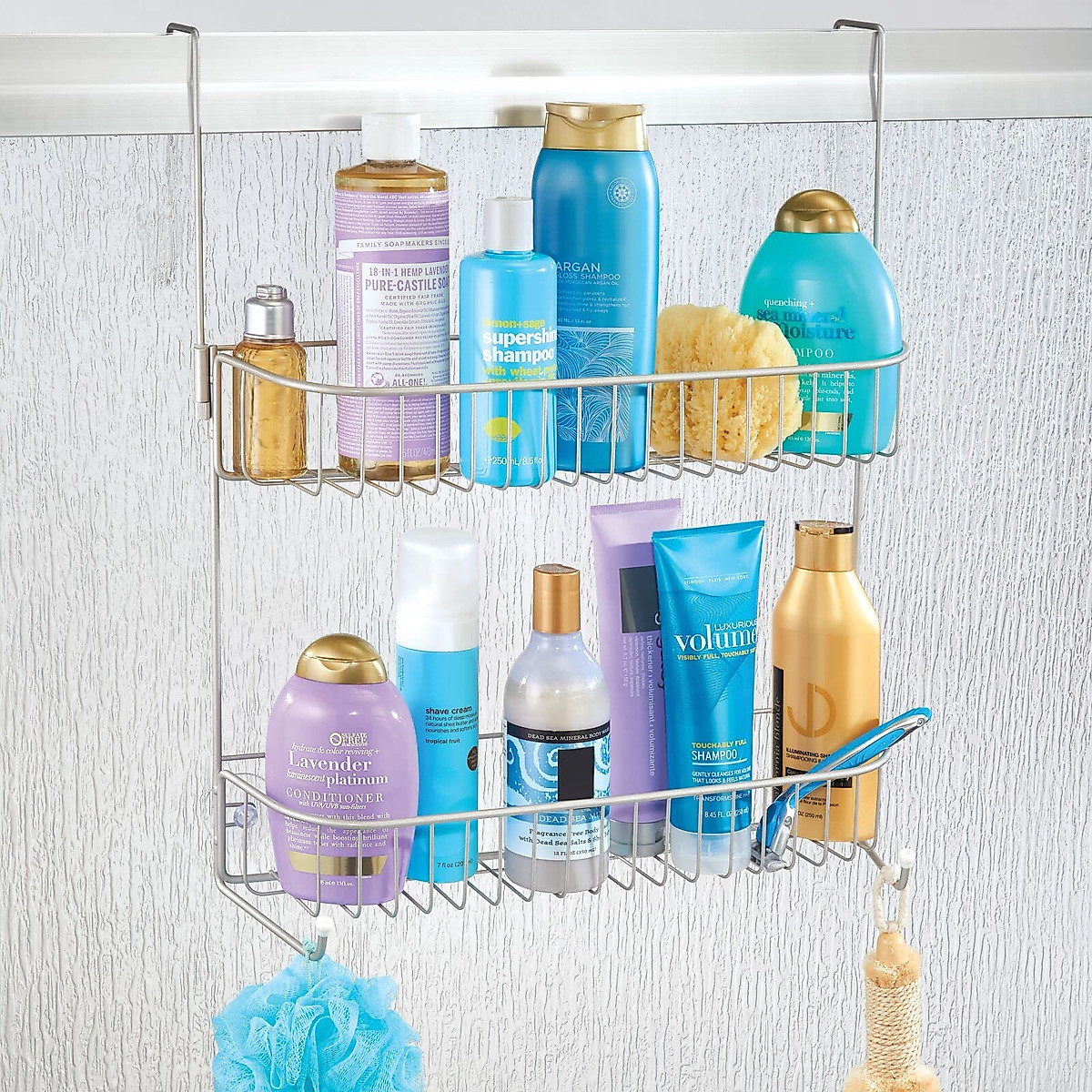 mDesign Extra Wide Metal Wire Over The Bathroom Shower Door Caddy, Hanging Storage Organizer with Built-in Hooks and Baskets on 2 Levels for Shampoo, Body Wash, Loofahs, Rust Resistant - Satin