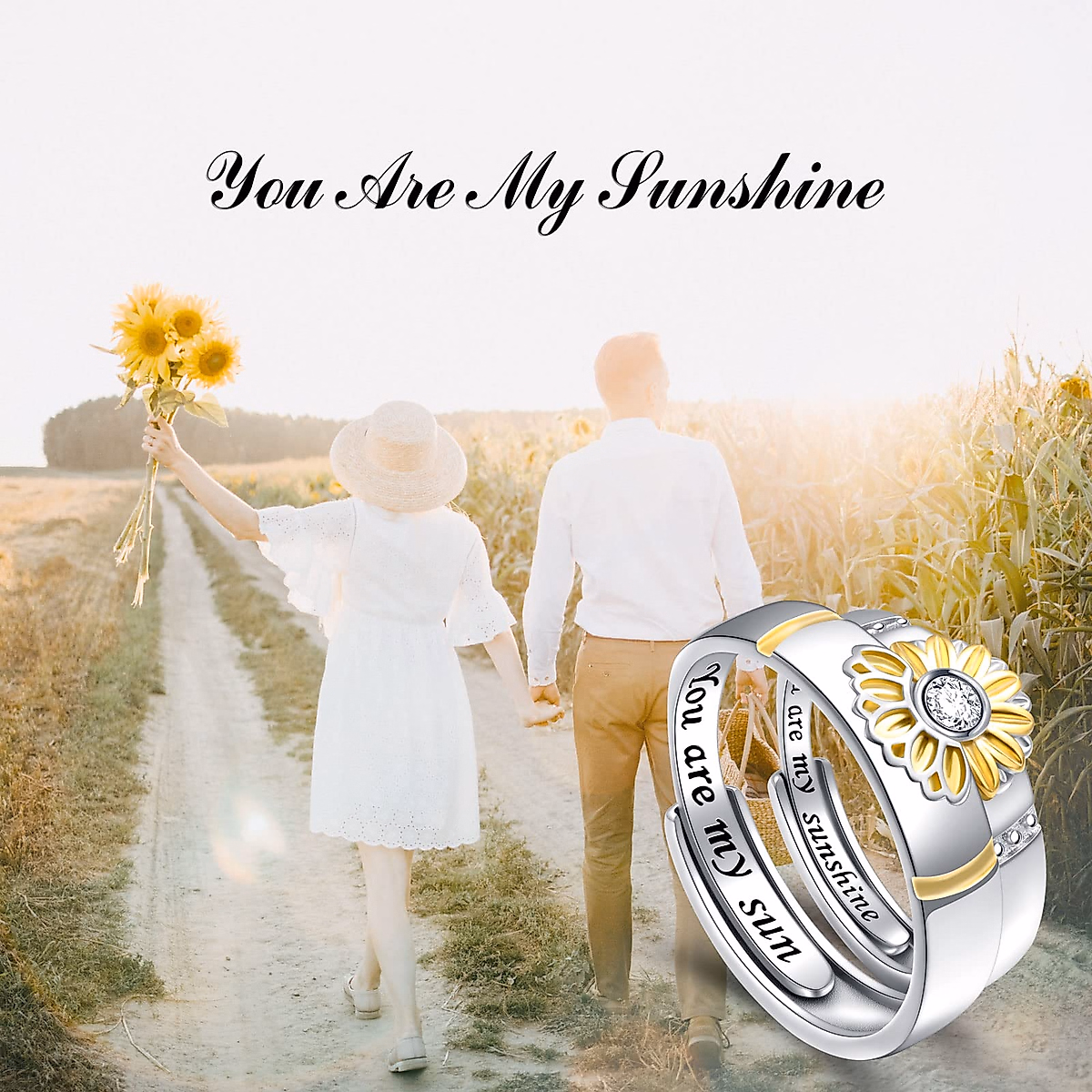 Matching Sunflower Promise Sterling Silver Rings for Couples You Are My Sun Sunshine Engagement Wedding Ring Band Sets for Him and Her