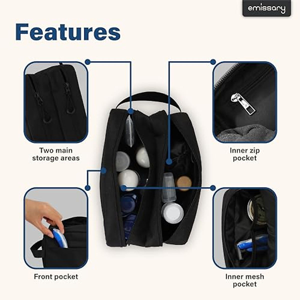 emissary Travel Toiletry Bag for Men, Water Resistant Travel Bathroom Bag Men's Shaving Kit, Dopp Kit for Men, Waterproof Toiletry Bag, Shaving Bag, Hygiene Bag, Mens Toiletry Travel Bag - Black