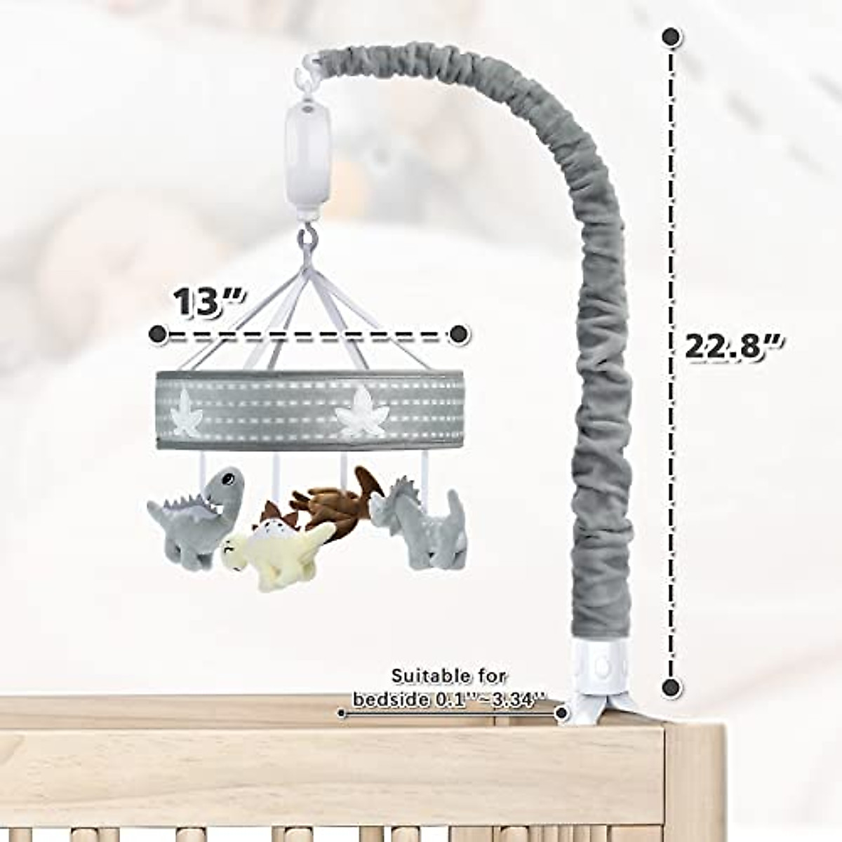 FEISIKE Crib Mobile for Boys,3 Modes Musical Crib Toy,12 Lullabies,Volume Control(Level 0-100),Gray,Claw Type Fit Crib and Bassinet,Dinosaur Jurassic Theme Toys