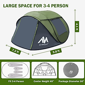 ayamaya Cmping Fan + 4 Person Pop Up Tent, Waterproof Tent & Rechargeable Tent Fan with LEDs Remote Control for Camping