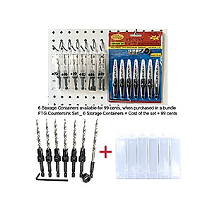 FTG USA Countersink Drill Bit Set 6 Pc #10 (3/16") Wood Countersink Drill Bit, 1 Replacement Tapered Drill Bit, 1 Stop Collar, 1 Hex Wrench, 6 Storage Containers