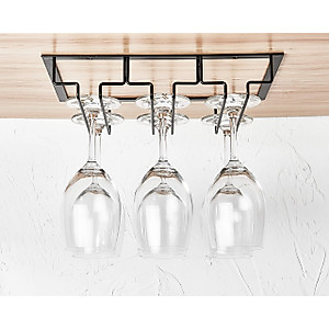 Wine Glass Rack - Under Cabinet Stemware Wine Glass Holder Durable Glasses Storage Hanger Metal Organizer for Bar Kitchen UPGRADED DESIGN Black (3 Rows)