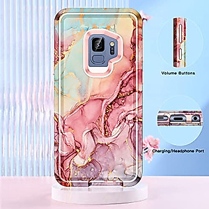 Btscase Compatible with Samsung Galaxy S9 Case, Marble Pattern 3 in 1 Heavy Duty Shockproof Full Body Hard PC+Soft Silicone Drop Protective Women Girls Cover for Samsung Galaxy S9 (2018), Rose Gold