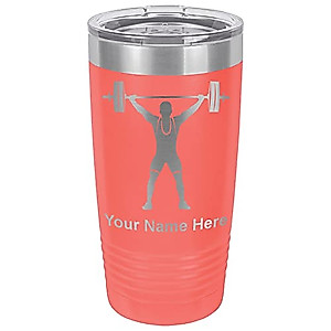LaserGram 20oz Vacuum Insulated Tumbler Mug, Weightlifting Man, Personalized Engraving Included (Coral)