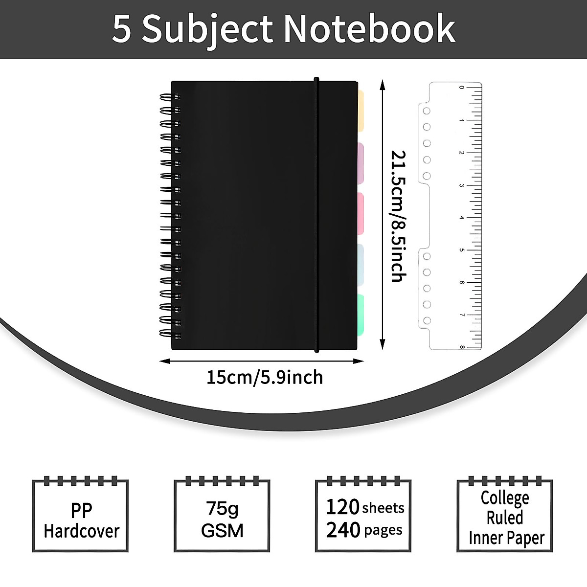 EOOUT A5 Subject Spiral Notebooks with Tabs, 8.3 x 5.5 Inches, Notebooks for Work, 5 Colored Dividers, Spiral Lined, 240 Pages, for School, Office Supplies and Home