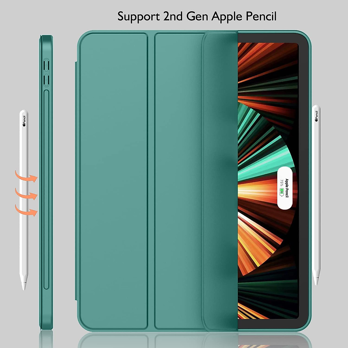 iMieet New iPad Pro 12.9 Case 2022(6th Gen)/2021(5th Gen) with Pencil Holder [Support iPad 2nd Pencil Charging/Pair],Trifold Stand Smart Case with Soft TPU Back,Auto Wake/Sleep(Forest Green)