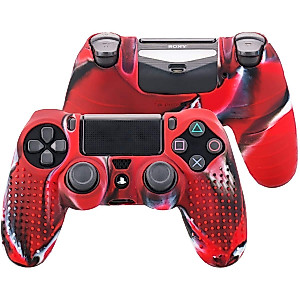 YoRHa Studded Silicone Cover Skin Case for Sony PS4/slim/Pro Dualshock 4 Controller x 1(Camouflage red) with Pro Thumb Grips x 8