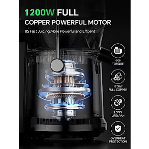 Juicer, 1200W Juicer Machine with 3" Feed Chute for Whole Fruits and Vegs, Dual Speeds Centrifugal Juice Extractor, High Juice Yield, Full Copper Motor, Easy to Clean, BPA Free