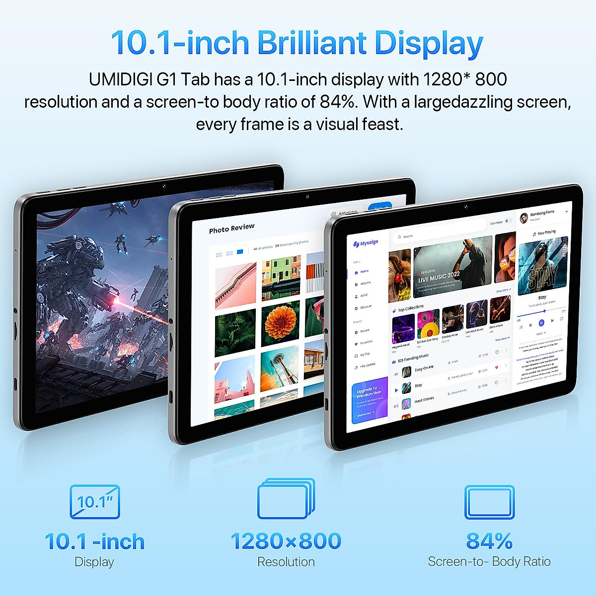 UMIDIGI G1 Tab Android 13 Tablet 2024, 8（4+4） GB+64GB 1TB Expand, Wi-Fi 6 Model, 10.1 inch Tablet with Quad-Core Processor up to 2.0 GHz, 6000mAh, Dual Camera, BT, 1280 * 800 HD IPS Touch Screen