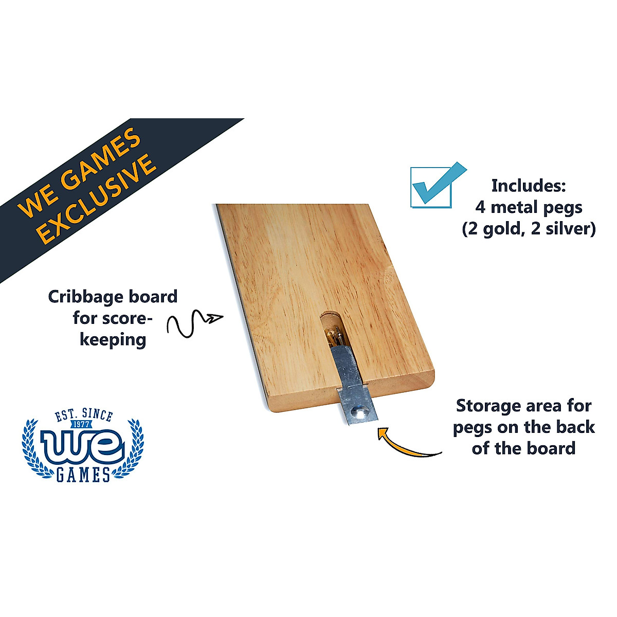 WE Games Competition Cribbage Set - Solid Wood Sprint 2 Track Board with Metal Pegs