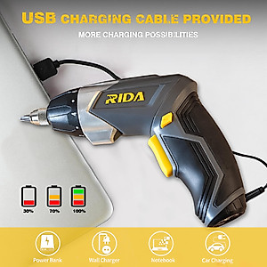 RIDA Cordless Screwdriver 4V Electric Screwdriver Rechargeable Screw Gun Kit w/10+1 Torque & 2 Position Handle, 3 LED work indicator & LED flashlight, 58pcs Accessories and Tool Box New Year presents