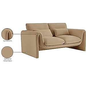 Meridian Furniture 199Camel-L Sloan Collection Modern | Contemporary Velvet Upholstered Loveseat with Soft Camel Velvet Fabric, Curved Arms, 64" W x 38" D x 31" H, Camel
