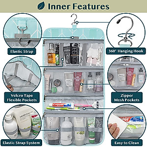 PAVILIA Hanging Toiletry Bag Women Men, Travel Kit Foldable Large Toiletries Organizer, Roll up Cosmetics Makeup Bag Accessories, Waterproof Essentials Jewelry Case (Teal Chevron)