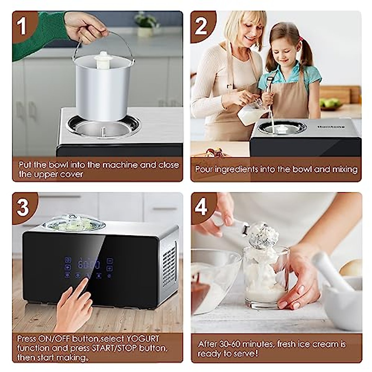 Homtone 1.6 Quart Ice Cream Maker Machine with Compressor, No Pre-freezing, 4 Modes, Adjusted Speed Frozen Yogurt Machine with LCD Display & Timer, Automatic Homemade Sorbet Maker Gelato Maker, Keep Cool for 2H-Make Soft & Hard Ice Cream in 60min