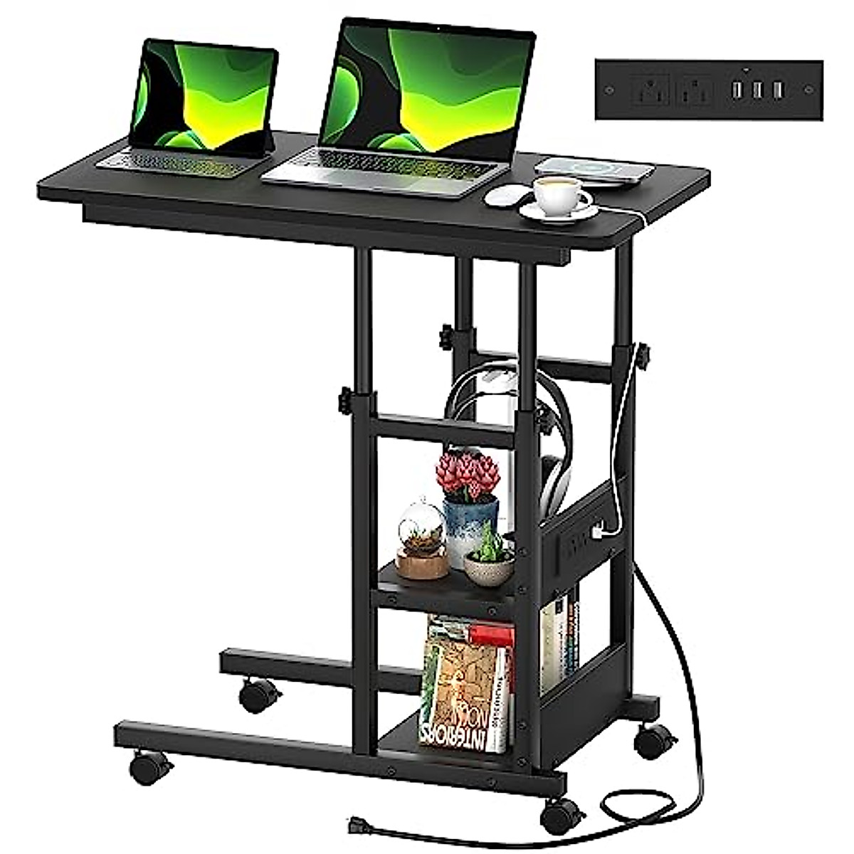 Height Adjustable C Shaped End Table with Charging Station, Mobile Laptop Side Table with USB Port and Wheels, Sofa Couch Table with 2-Tier Storage Shelve for Living Room Bedroom, Black