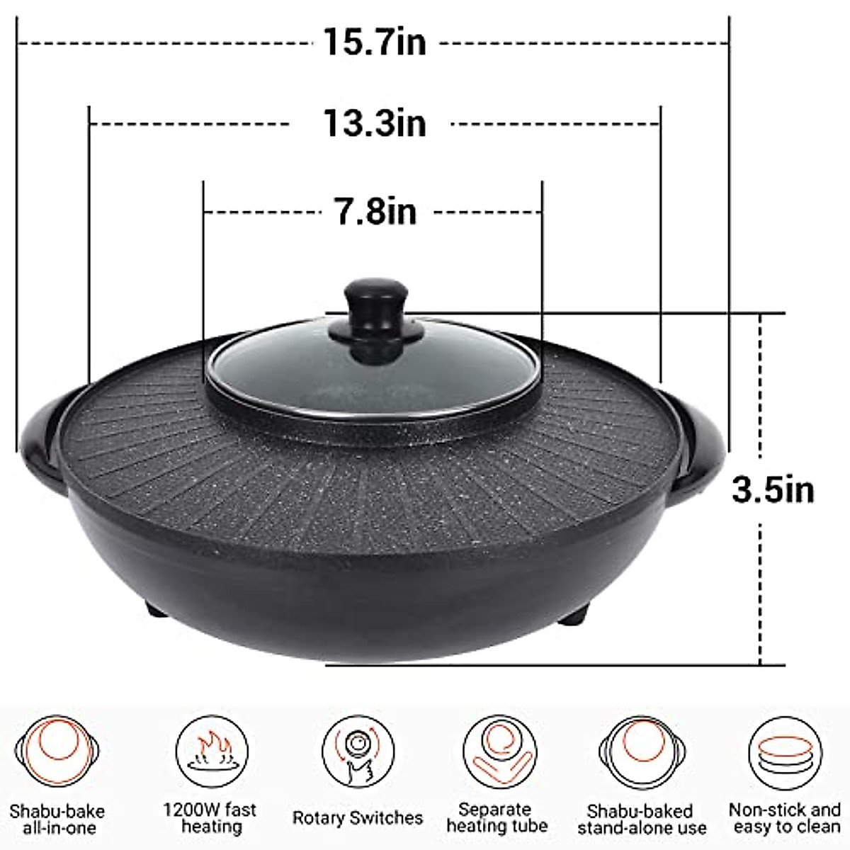 Electric Smokeless Grill and Hot Pot 2 in 1, Multifunctional Round Pot, Hot Pot Plate, Korean Barbecue Electric Smokeless, Non Sticky Pot Black 110v.