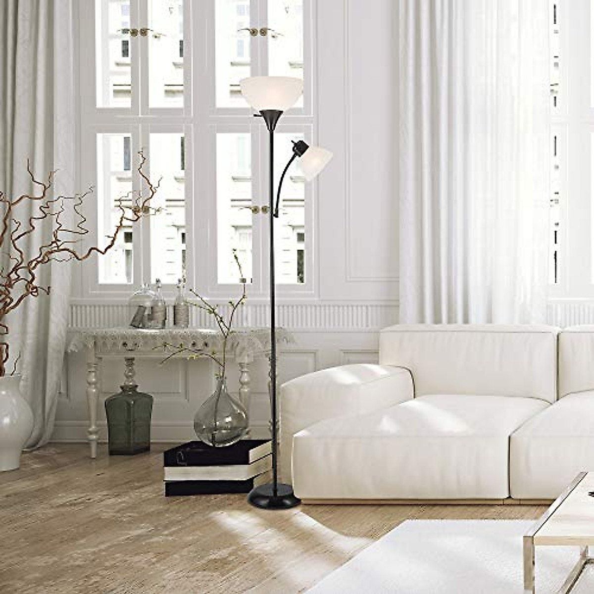 Globe Electric 67135 72" Torchiere Floor Lamp + Adjustable Reading Light, Matte Black, Frosted Plastic Shade, 3-Step Rotary Switch on Floor Lamp Socket, Home Improvement, Home Office Accessories