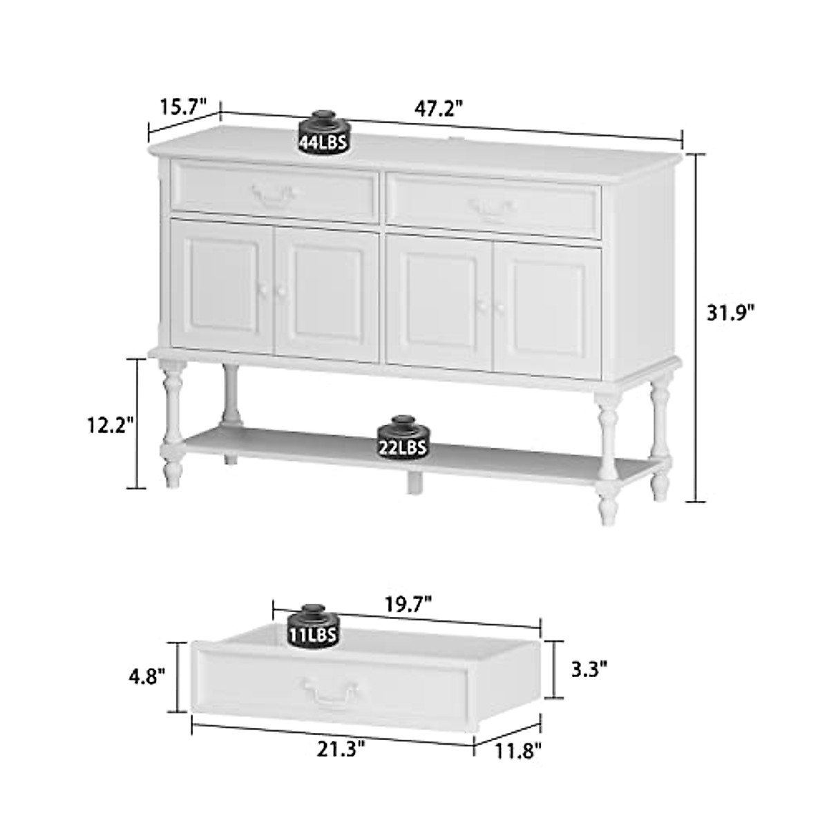 ECACAD Modern Sideboard Buffet Storage Cabinet with Drawers, Shelves & Carved Legs, Entryway Console Cabinet for Kitchen, Living Room, White (47.2”L x 15.7”W x 31.9”H)