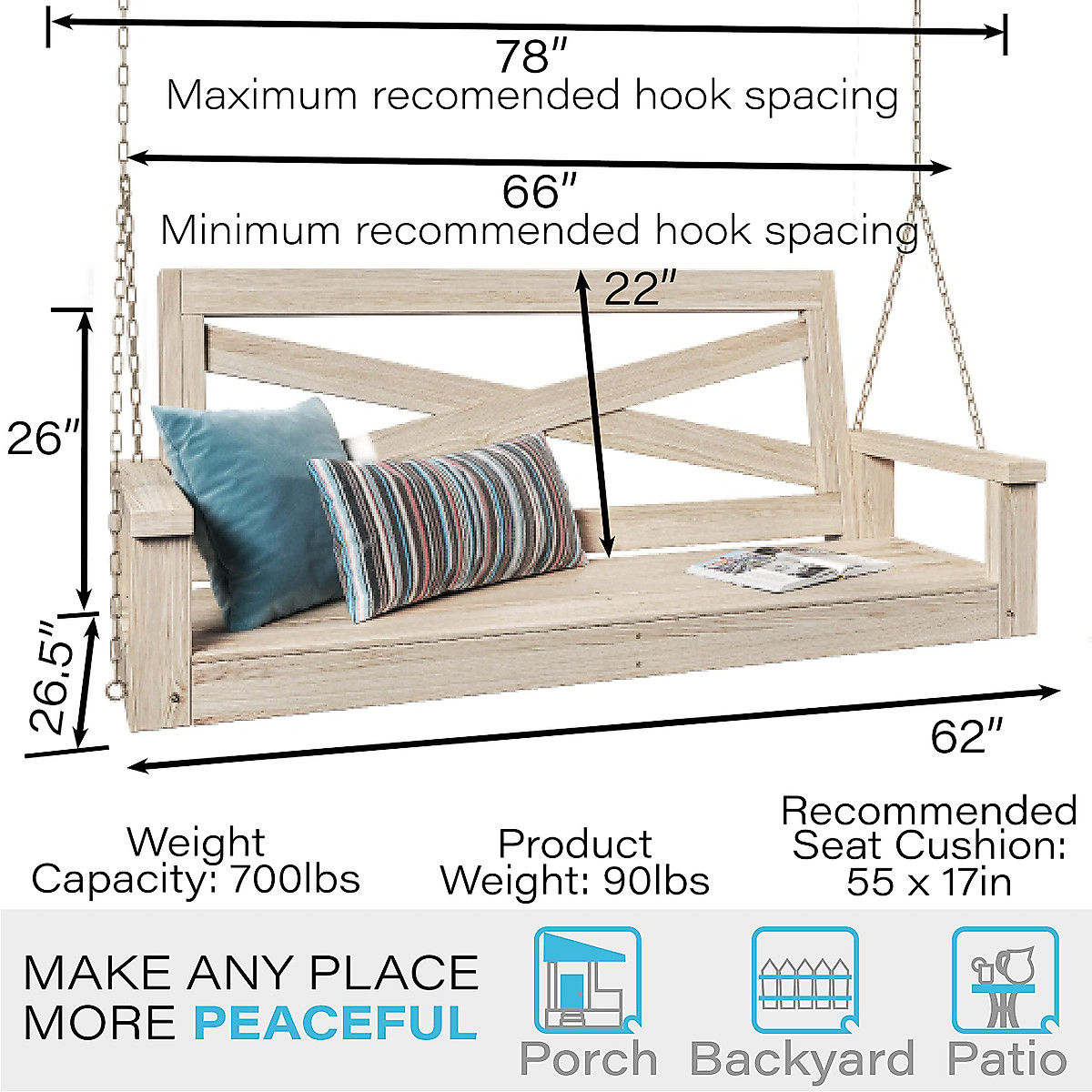 Porchgate Amish Heavy Duty 700 Lb Boardwalk Porch Swing W/Chains (5 Foot, Unfinished)