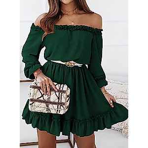 Dokotoo Womens Spring Fashion Long Sleeve Ruffle Off Shoulder Wedding Guest Dresses for Women Elastic Waist A Line Summer Casual Mini Dress Cute Flowy Sexy Party Clothing Green Large