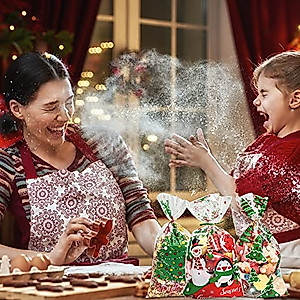 Moretoes 170pcs Christmas Treat Bags Cellophane Bags for Christmas Snowman & The Penguin Pattern 10 Assorted Styles for Christmas Party with 180pcs Twist Ties