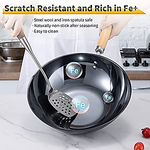 Wok Pan 12 inch, High Carbon Stainless Steel Stir Fry Pans for All Stoves, Iron Pot with Detachable Wooden Handle, Induction, Oven Safe Silver