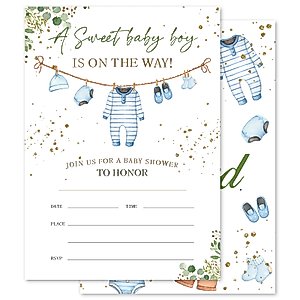 Whaline 25 Sets Boy Baby Clothes Baby Shower Party Invitations with Envelopes Stickers Blue Cute Party Invitation Paper Cards Fill-In Invites for Birthday Gender Reveal Party Supplies, 5 x 7 Inch