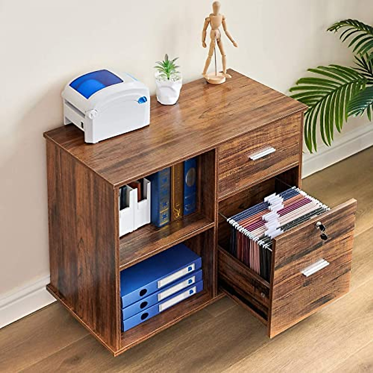 GreenForest L Shaped Corner Desk 65.7 inch with Storage Shelf and 2 Drawers File Cabinet Wooden Lateral File Cabinet with Open Storage Shelves