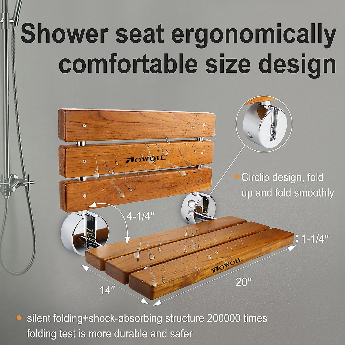 Aowoil 20'' Teak Shower seat/Teak Folding Shower seat/Folding Teak Shower seat Wall Mounted/Teak Shower Bench/Teak Shower seat/Folding Shower seat Wall Mounted/Teak Folding Shower Seats