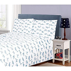 Kids Rule 4-Piece Shark Sketch Sheet Set for Boys & Kids - 1 Full Flat Sheet, 1 Full Fitted Sheet & 2 Queen Pillowcases, Soft Brushed Microfiber Polyester Bed Sheet, Smooth & Durable