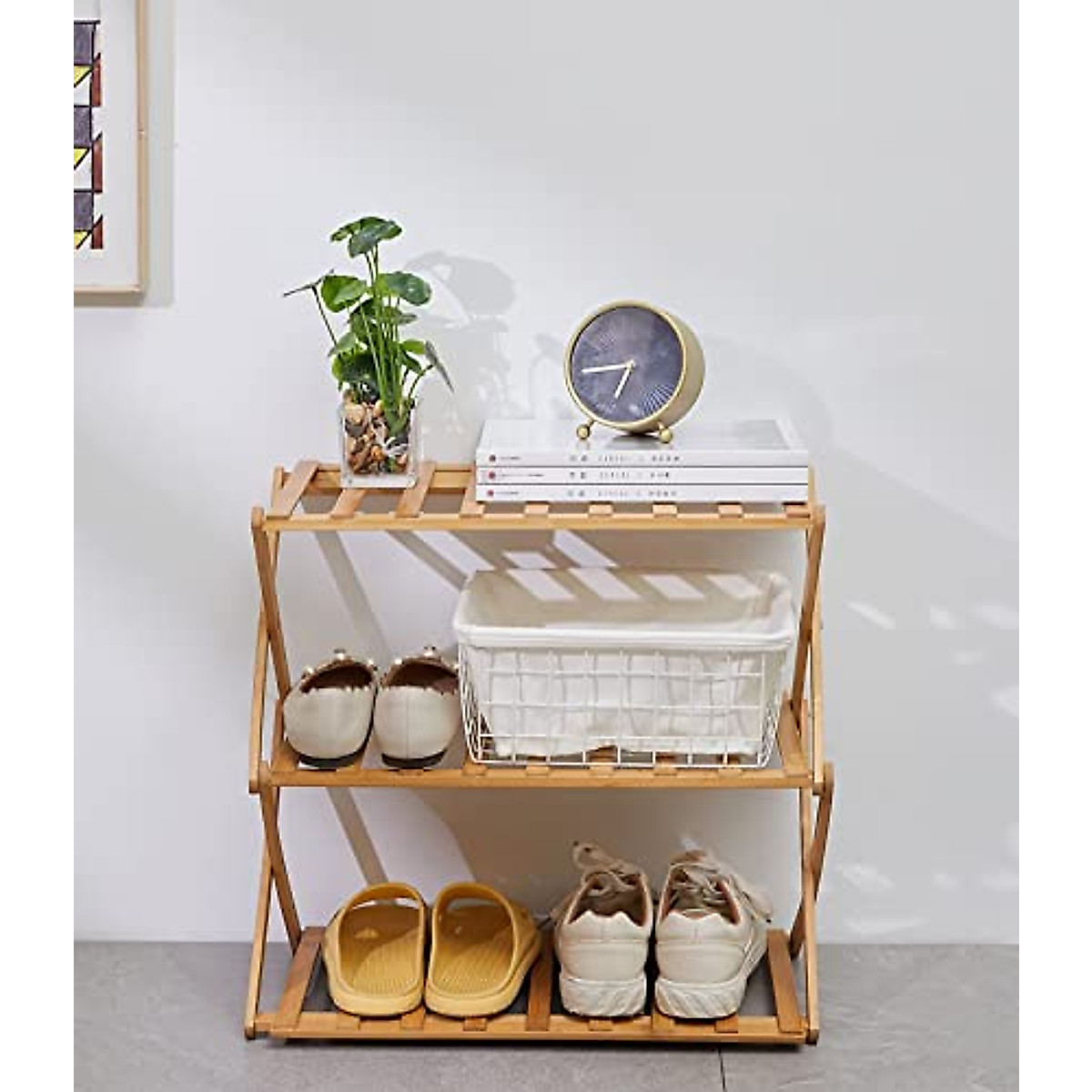 Qmkmyy Foldable Bamboo Shoe Racks 3 Tiers for Entryway Multi Tier Shoe Organizer Rack Multifunctional Storage Free Standing Shelf