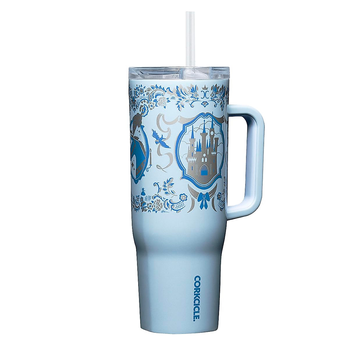Corkcicle x Disney Princess Cinderella Cruiser Insulated Tumbler with Handle & Straw - 40 oz Reusable Water Bottle Keeps Beverage Cold for 20Hrs, Hot for 9Hrs – Cupholder Friendly, Spill Proof Tumbler
