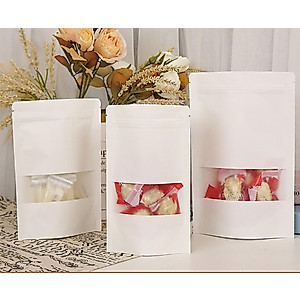 GICOHI 50 PCS Custom Kraft Paper Bag with Window,Personalized Stand up Zip Lock Pouches Food Storage Bags, Reclosable Bags for Home, Wedding, Party Products (White Kraft Bag)