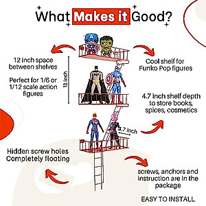 KOTIJOKI Fire Escape Wall Shelf - New York Metal Decorative Shelf with Screwdriver & Screws, Rustic Wall Shelves for Bedroom, Home Décor, Action Figure Display (3-Tier Red Floating Shelves)