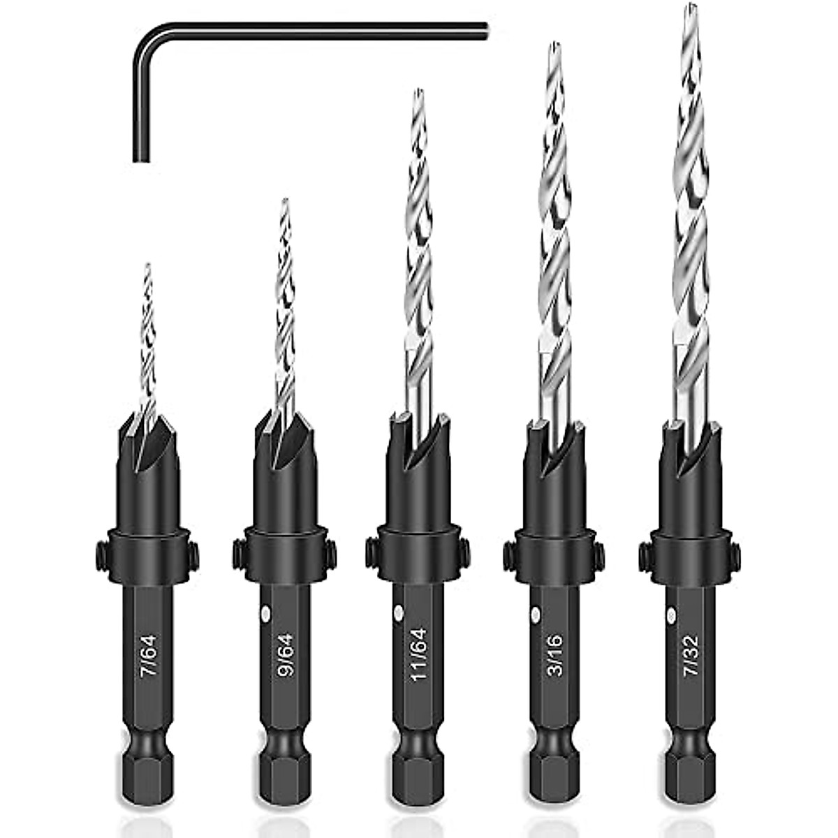 5 Pcs Countersink Drill Bits, Bestgle High Speed Steel Counter Sinker Drill Bits with Chamfering Combination for Woodworking, Imperial Hex Shank HSS Taper Bits 9/64", 3/16", 7/32", 11/64", 7/64"