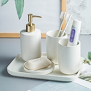 LJXX Bathroom Accessory Set, 4 Pieces Ceramic White Bathroom Accessories for Home and Hotel,Includes Soap Dish, Soap Dispenser Pump, Tumbler, Toothbrush Holder (White)