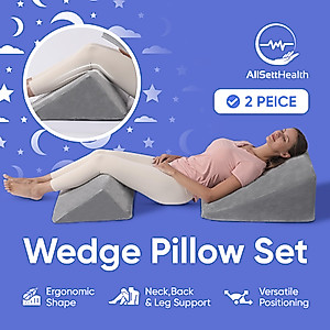 Bed Wedge Pillow – 2 Separate Memory Foam Incline Cushions, System for Legs, Knees and Back Support Pillow | Acid Reflux, Anti Snoring, Heartburn, Reading – Machine Washable, Grey