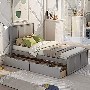 P PURLOVE Twin Size Platform Bed with Two Drawers, Twin Size Storage Bed Frame,Wood Platform Bed with Headboard with Slat Support, No Box Spring Need,Gray