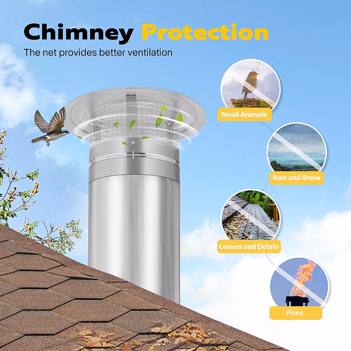 VIVOHOME 10" Cone Top Chimney Cap with Screen, Round Roof Rain Chimney Cover, Galvanized Steel Fireplace Exhaust Cap, Adjustable Roof Cap for Vent