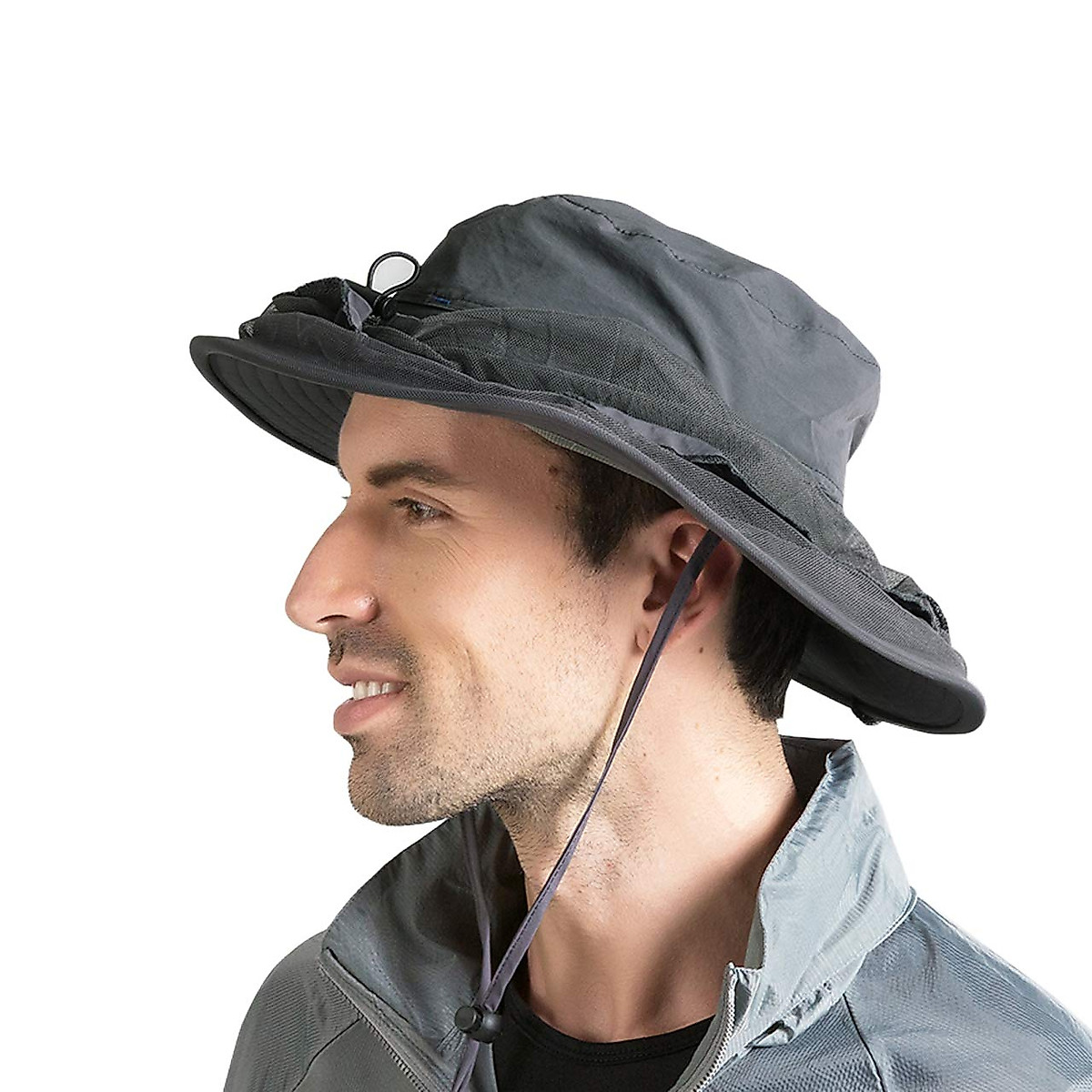 FALETO Men's t Safari Mesh Hats Outdoors Fishing Hat Sun Proction Cap with Neck Flat Bonnie Bucket Adjustable Caps Gorras para Hombres Summer Hunting Large Brim Hat for Women Grey