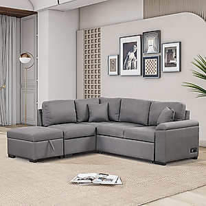 Bellemave Sectional Sleeper Sofa Pull Out Couch with Storage & USB Charging L Shaped Convertible Sofa Bed with Ottoman Pull Out Sofa Bed for Living Room Apartment, Dark Gray