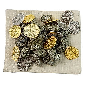 Beverly Oaks ONE (1) Pirate Booty Pouch Filled with 1/2 Pound Pyrite and 15 Metal Pirate Treasure Coins - Shiny Gold and Silver Doubloon Replicas