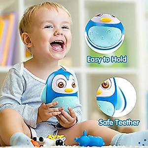 UNIH Roly Poly Baby Toys 6 to 12 Months, Tummy Time Wobbler Toys, Penguin Tumbler Wobbler Toys for Infant Boy Girl Gifts (Blue)